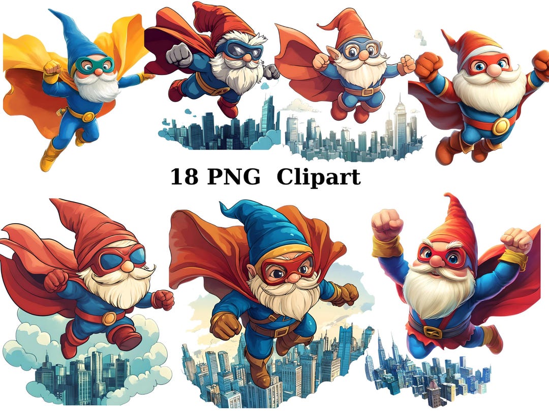 18 Gnome Superheroes Watercolor Clipart, Gnome Clipart, PNG Individual ...