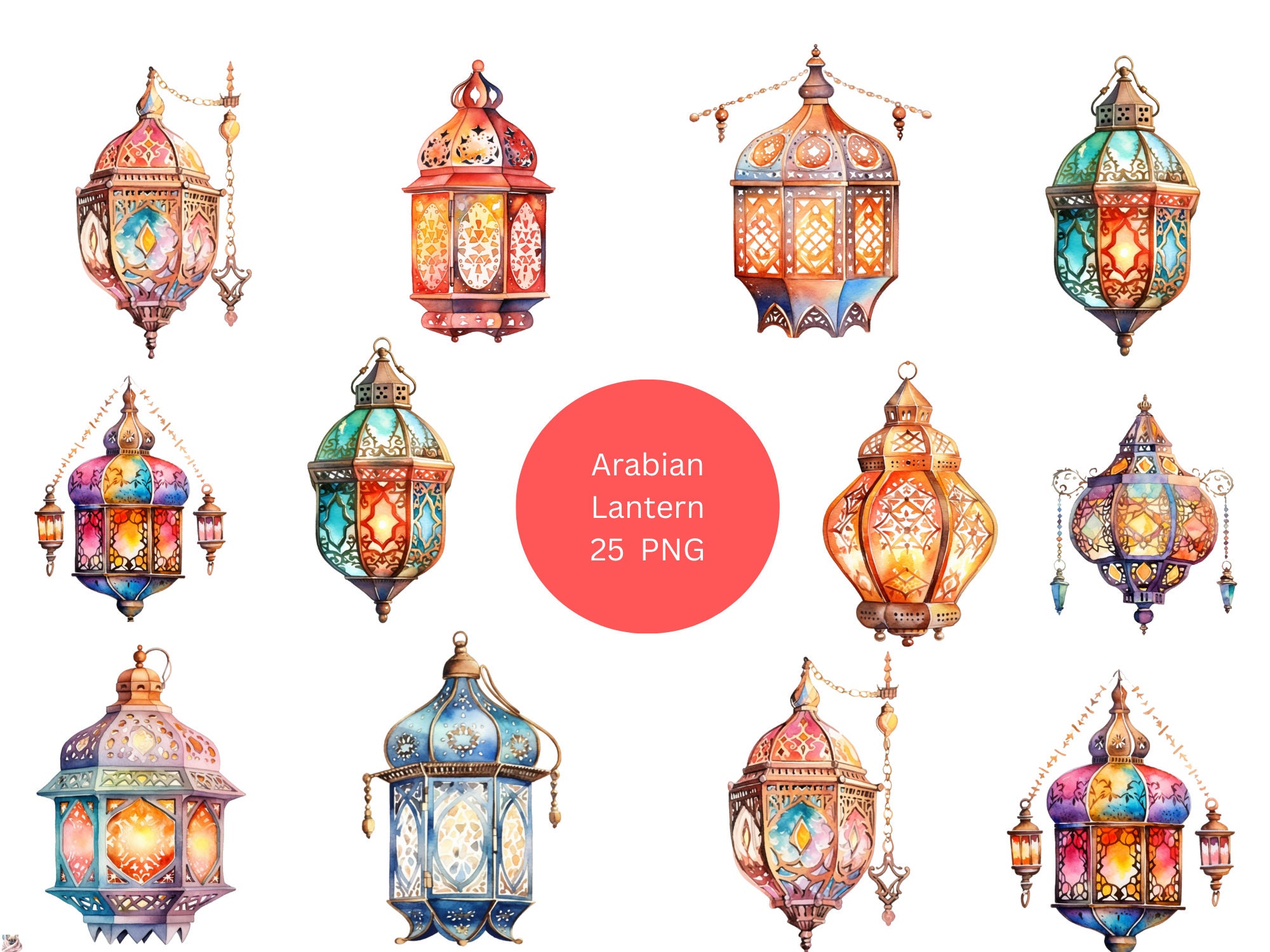 25 Arabian Lanterns Watercolor Clipart, Arabia Clipart, PNG Individual ...