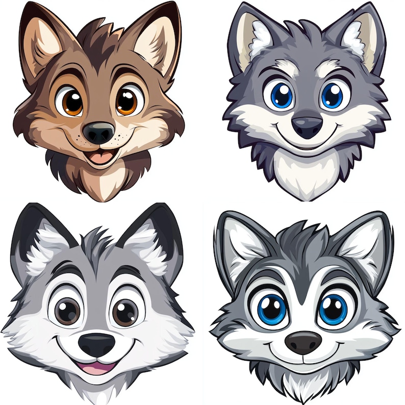 Cute Wolf Clipart Set – Cartoon Wolf Faces PNG, Baby Forest Animal ...