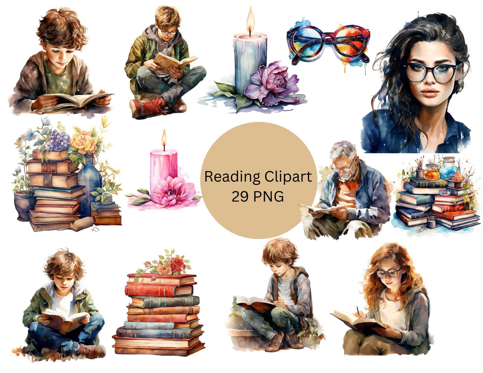 Watercolor Reading Clipart Books PNG Digital Files on a - Etsy