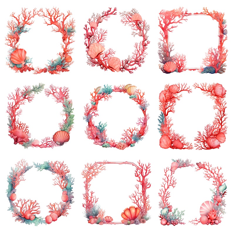 Watercolor Coral Frames Clipart, Logo Clipart, PNG Digital Files on ...
