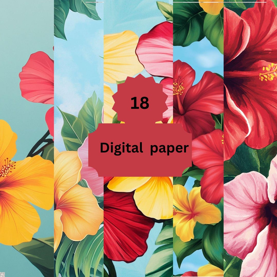 Hibiscus Flower Digital Paper Pack – Tropical Floral Patterns in Red ...