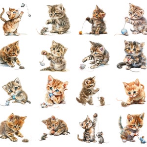 Watercolor Kitten Playing Clipart, PNG Digital Files on Transparent ...