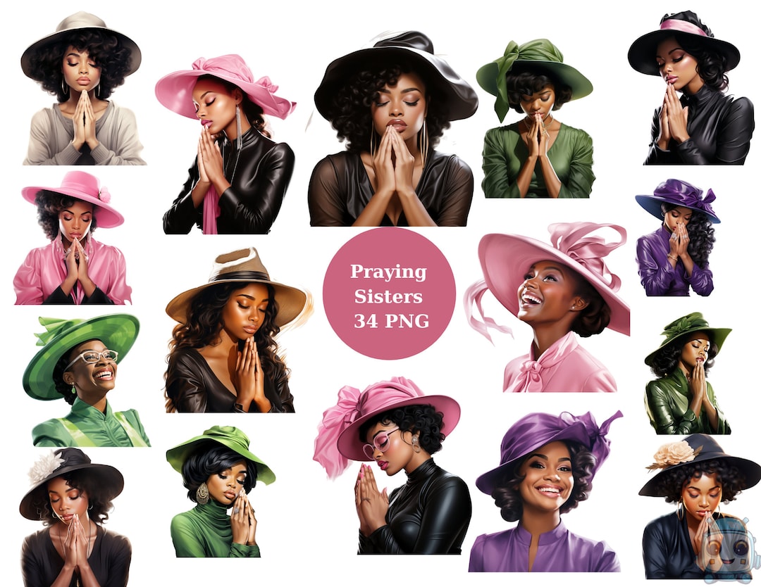 Watercolor 34 Praying Sisters Clipart, Women of Color, Church Hat Clipart, Black Women, PNG ...