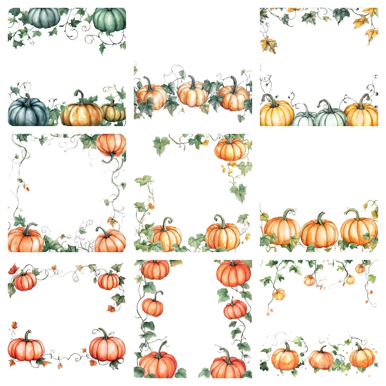 Watercolor Pumpkin Borders Clipart Set | 34 PNG Fall Pumpkins Digital ...