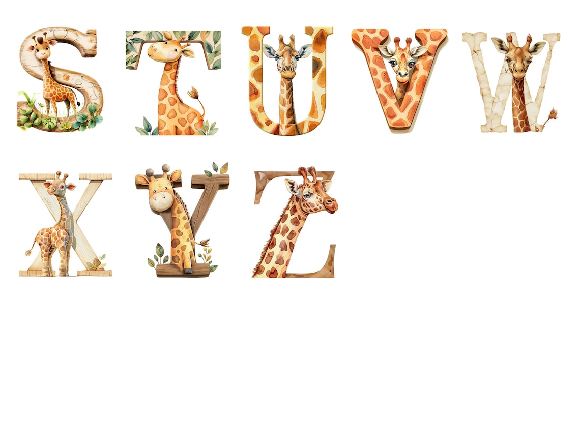 Giraffe Alphabet Watercolor, Giraffe Letters, Transparent Background ...