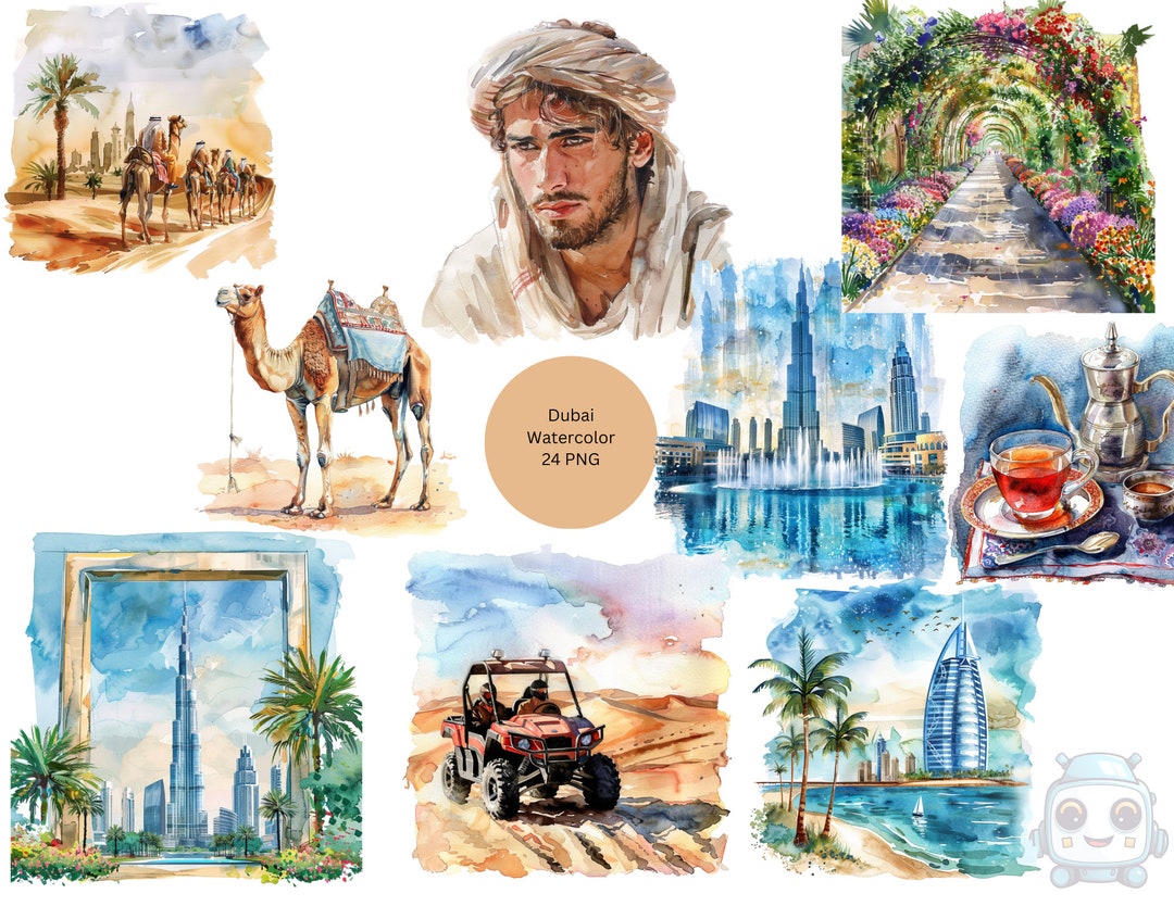 Watercolor Dubai Bundle Clipart, PNG Individual Images on Transparent ...