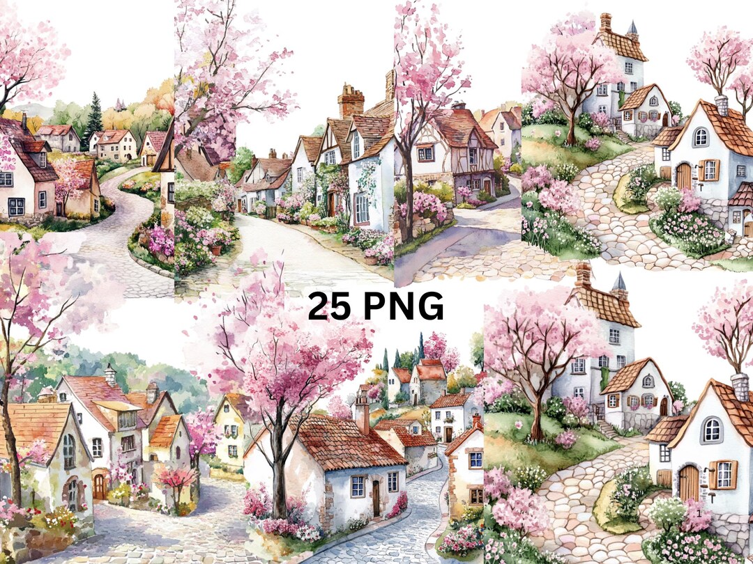 25 Spring Villages Watercolor Clipart, PNG Digital Files on Transparent ...
