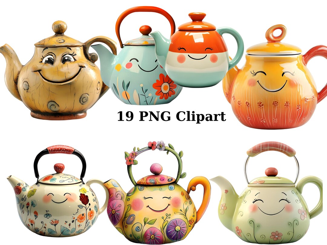 19 Funny Kettles Watercolor Clipart, Whimsical Clipart, PNG Individual ...