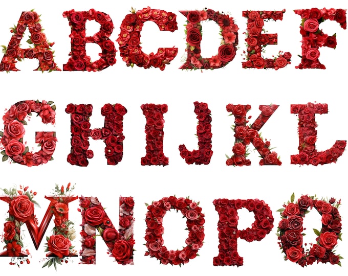 Red Roses Letters and Numbers, Red Roses Alphabet, Red Roses Digital ...