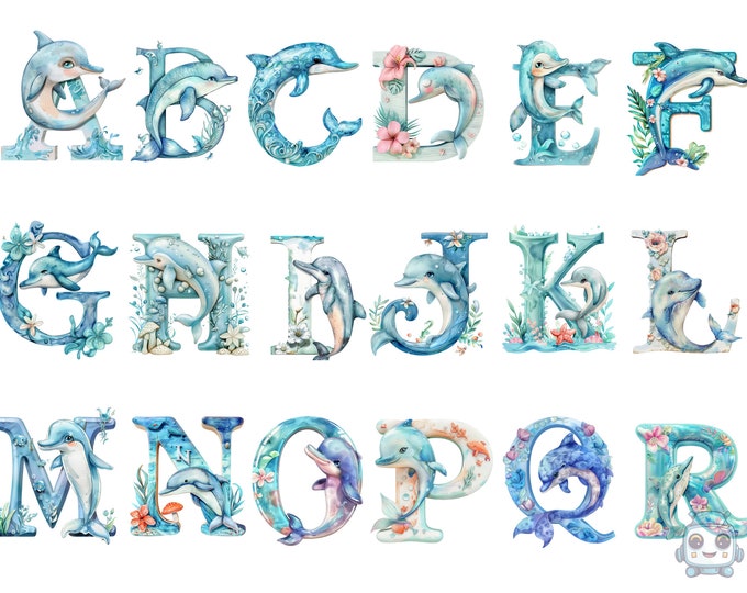 Dolphin Alphabet Clipart: 3D Doodle Letters & Numbers (PNG Digital ...