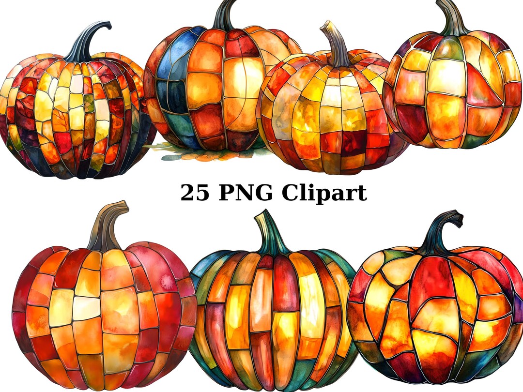 25 Glass Stained Pumpkins Watercolor Clipart, Halloween Clipart, PNG ...