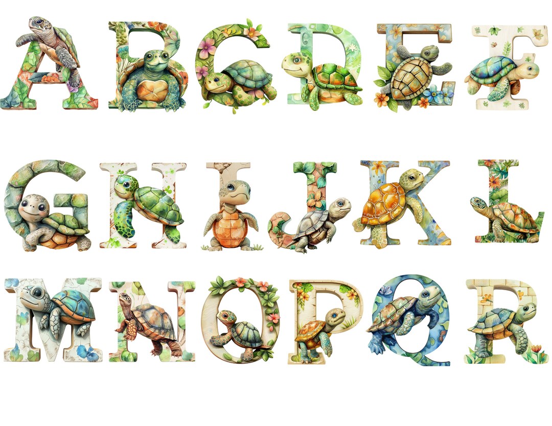 Watercolor Turtle Alphabet Clipart, PNG Individual Images on ...