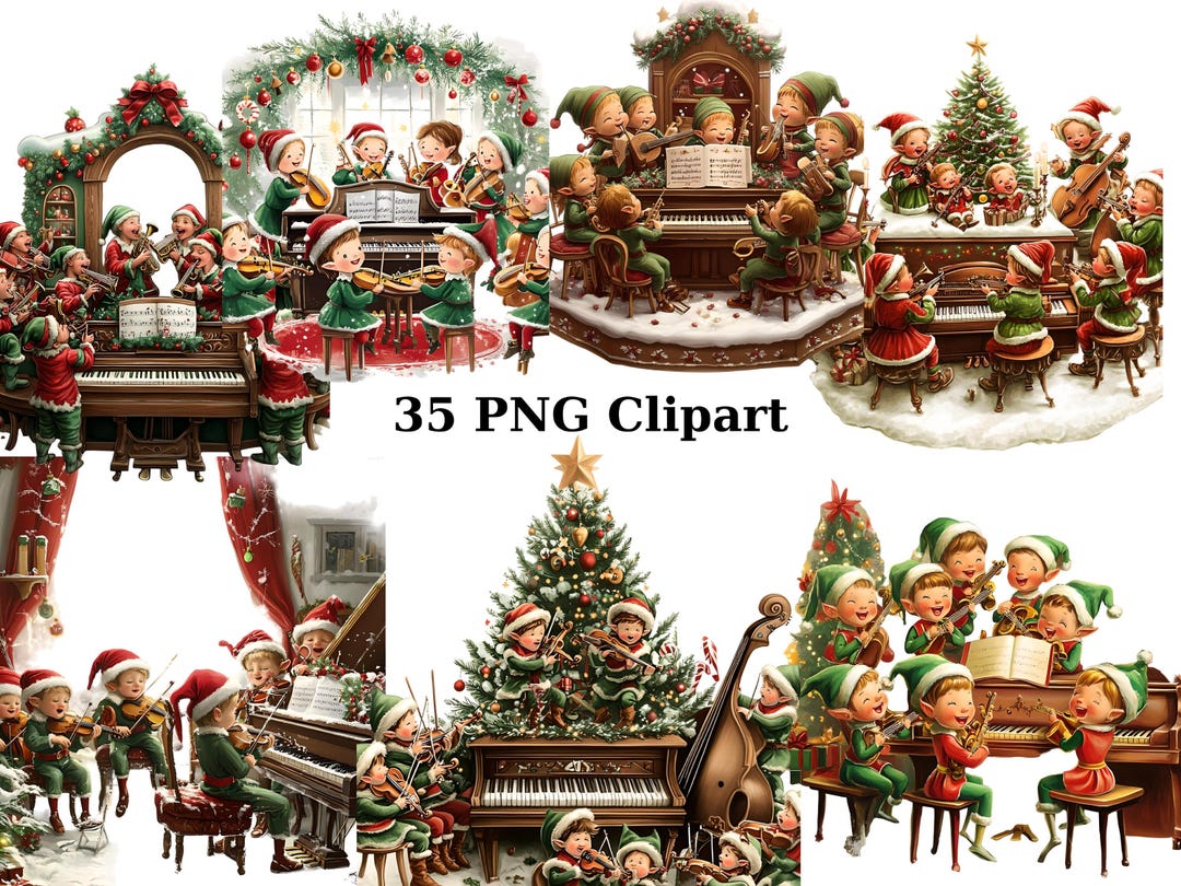 35 Christmas Elves Playing Instruments Watercolor Clipart, Christmas ...