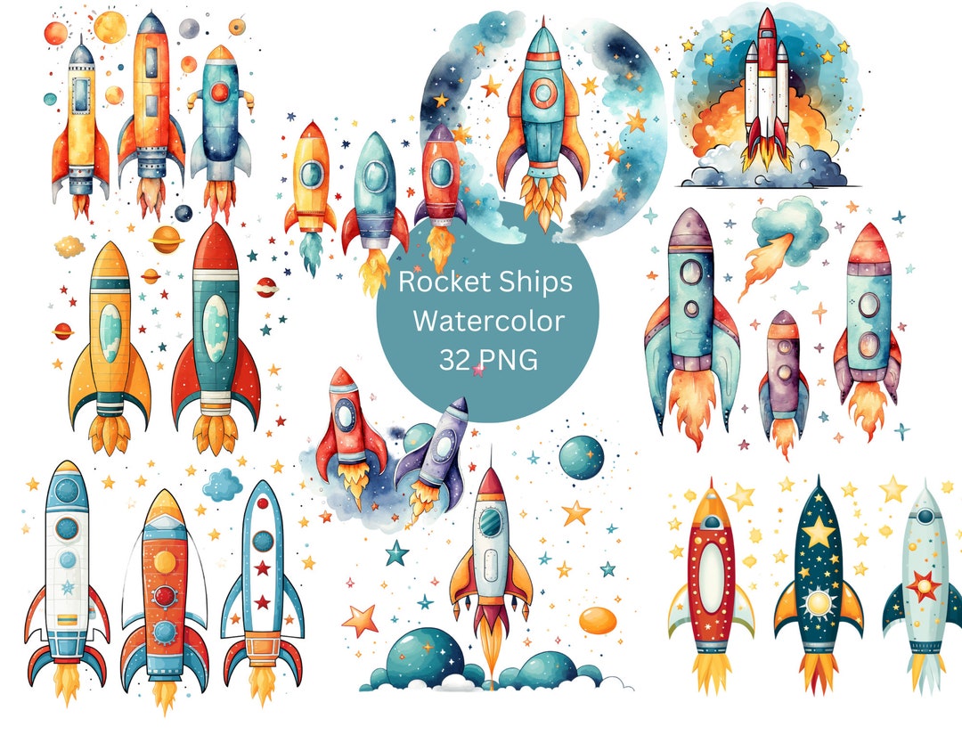 Watercolor Rocket Ships Clipart, PNG Digital Files on Transparent ...