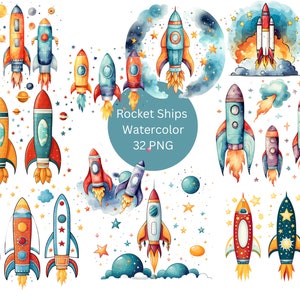 Watercolor Rocket Ships Clipart, PNG Digital Files on Transparent ...