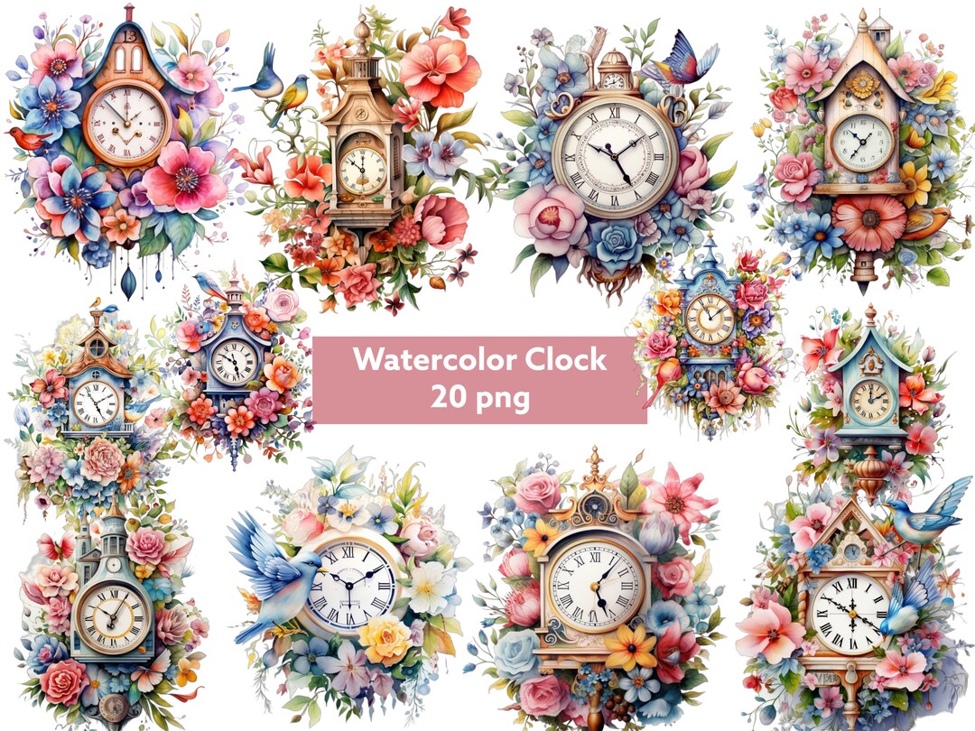 Watercolor Floral Clock Clipart , Transparent Background, High Quality ...