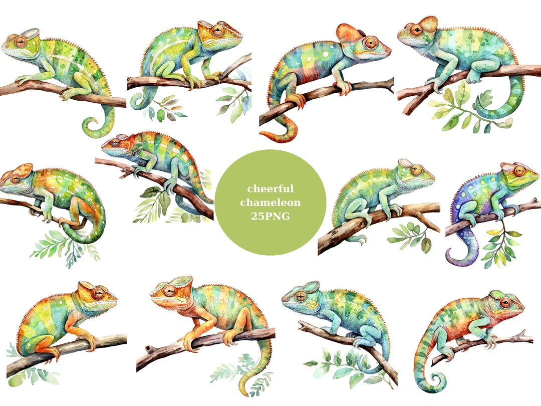 25 Cheerful Chameleons Watercolor Clipart, Lizard Clipart, Reptile ...
