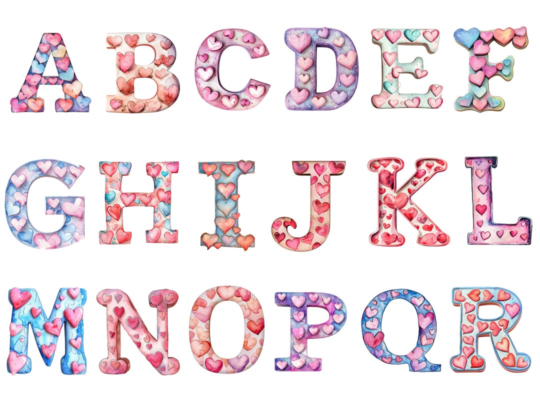 Hearts Alphabet Watercolor, Hearts Letters, Transparent Background ...
