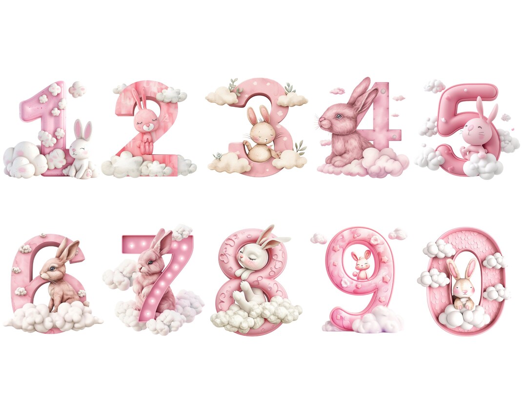 Watercolor Pink Rabbit Numbers Clipart, PNG Individual Images on ...