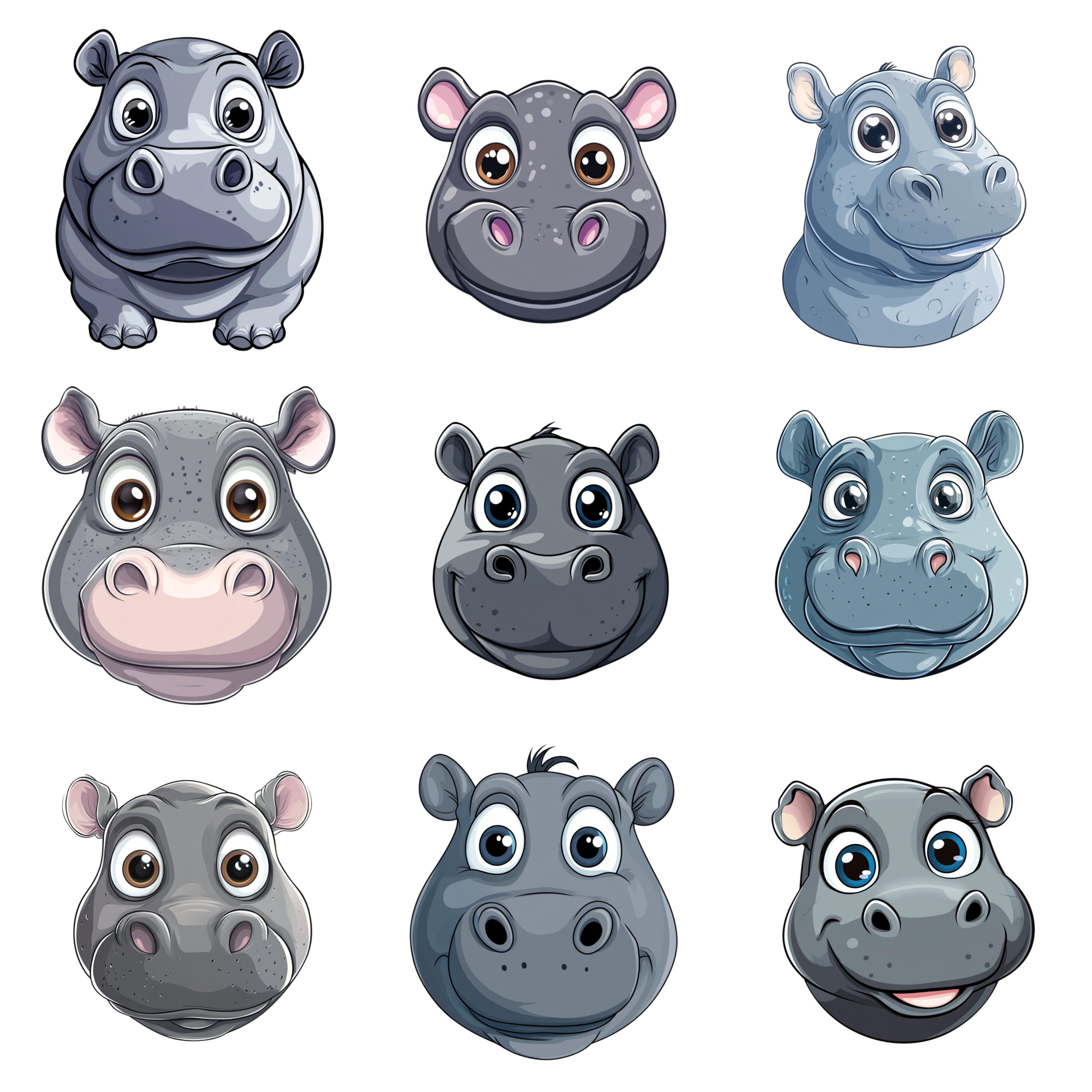 44 Hippo Clipart Set, Cute Cartoon Hippo Faces, Safari Animal PNG ...