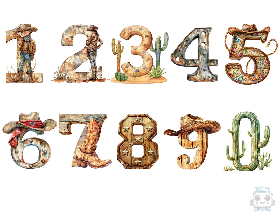 Watercolor Western Numbers Clipart, Cowboy Clipart, PNG Individual ...