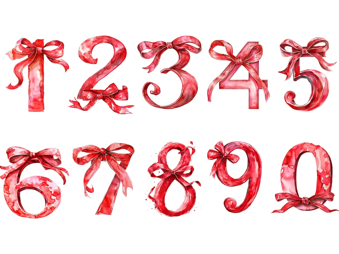Watercolor Red Bow Numbers, Bow Numbers, Instant Download for ...