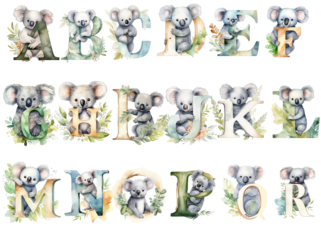 Watercolor Koala Alphabet in PNG for Commercial Use Instant Download ...