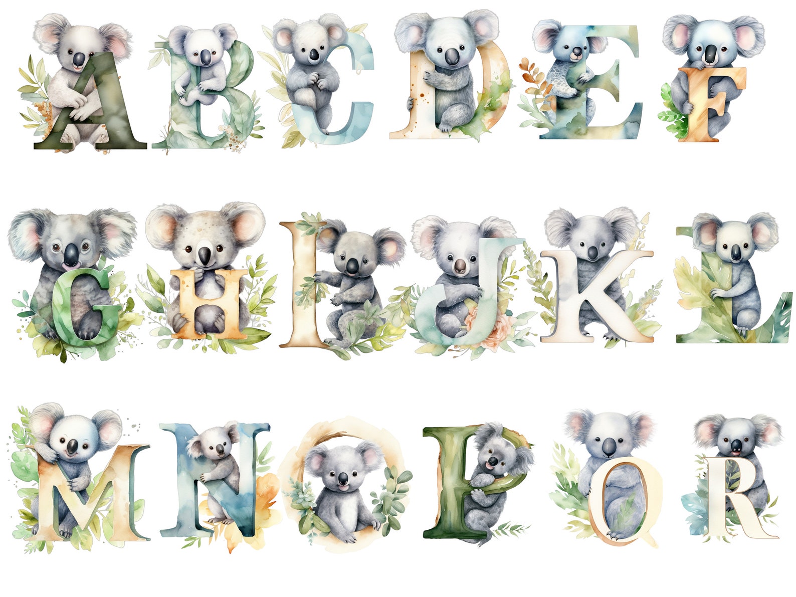 Watercolor Koala Alphabet in PNG for Commercial Use Instant Download ...