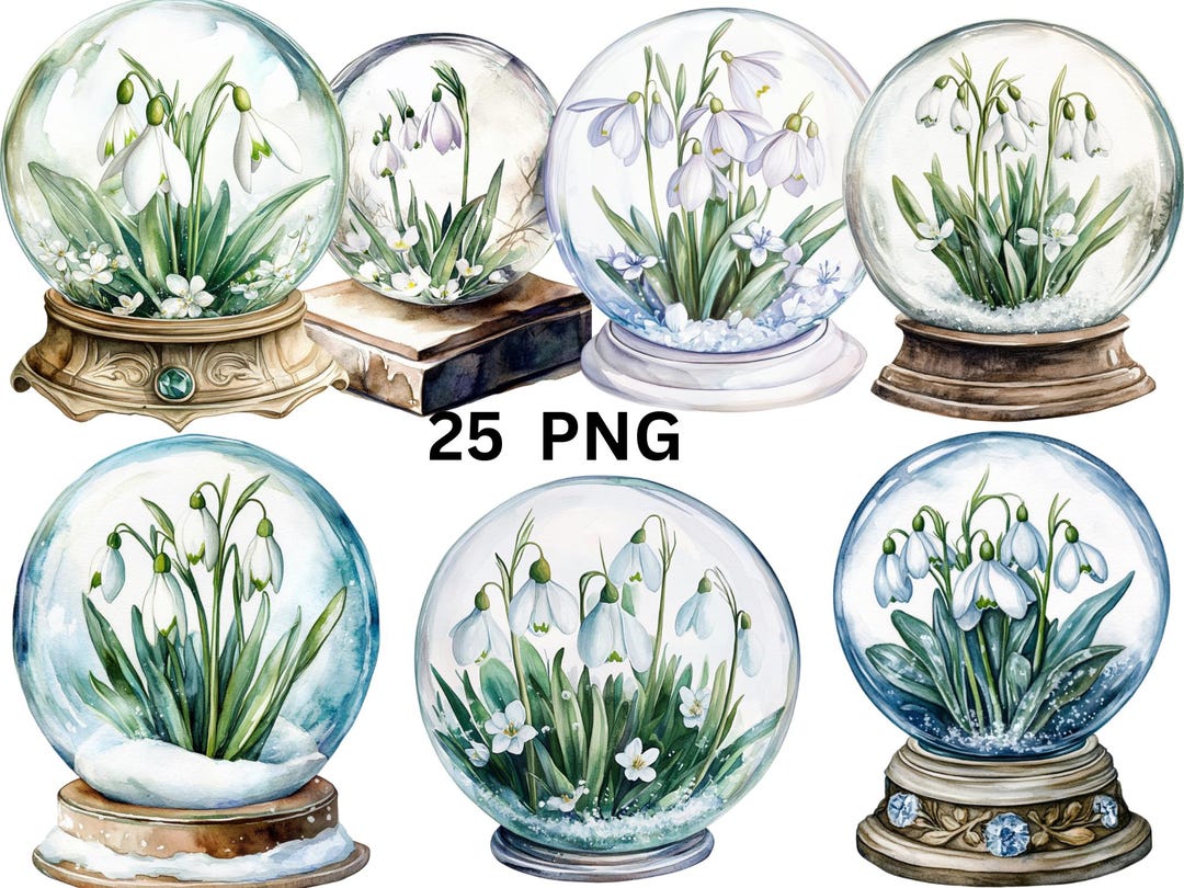 25 Snowdrops in Crystal Ball Watercolor Clipart, Floral Clipart, PNG ...