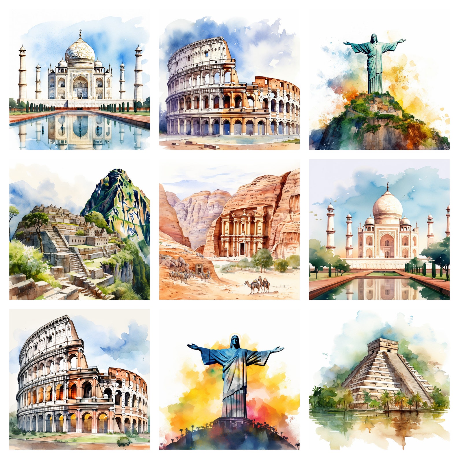 Watercolor 7 New Wonders of the World Clipart, PNG Digital Files ...