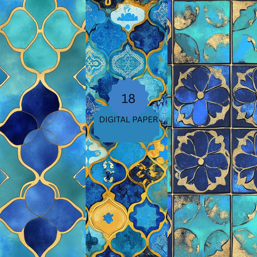 Moroccan Tile Digital Paper – 18 Blue and Gold Ornamental Backgrounds ...