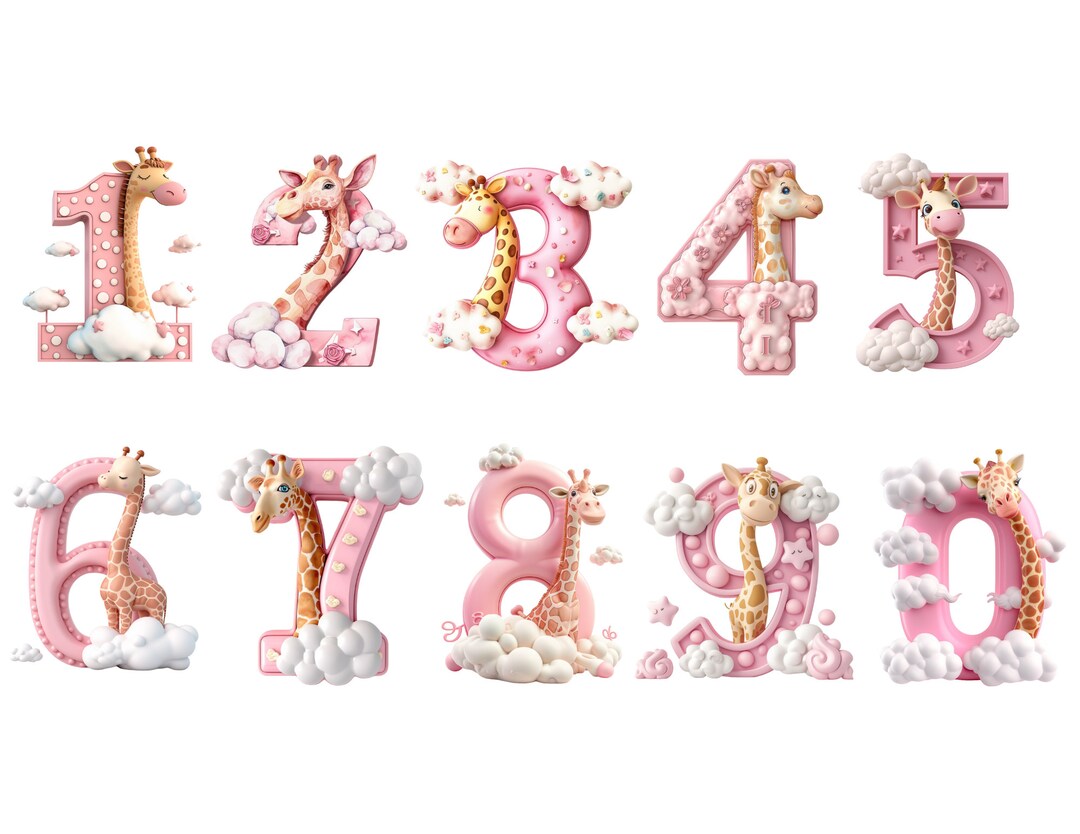 Watercolor Pink Giraffe Numbers Clipart, PNG Individual Images on ...
