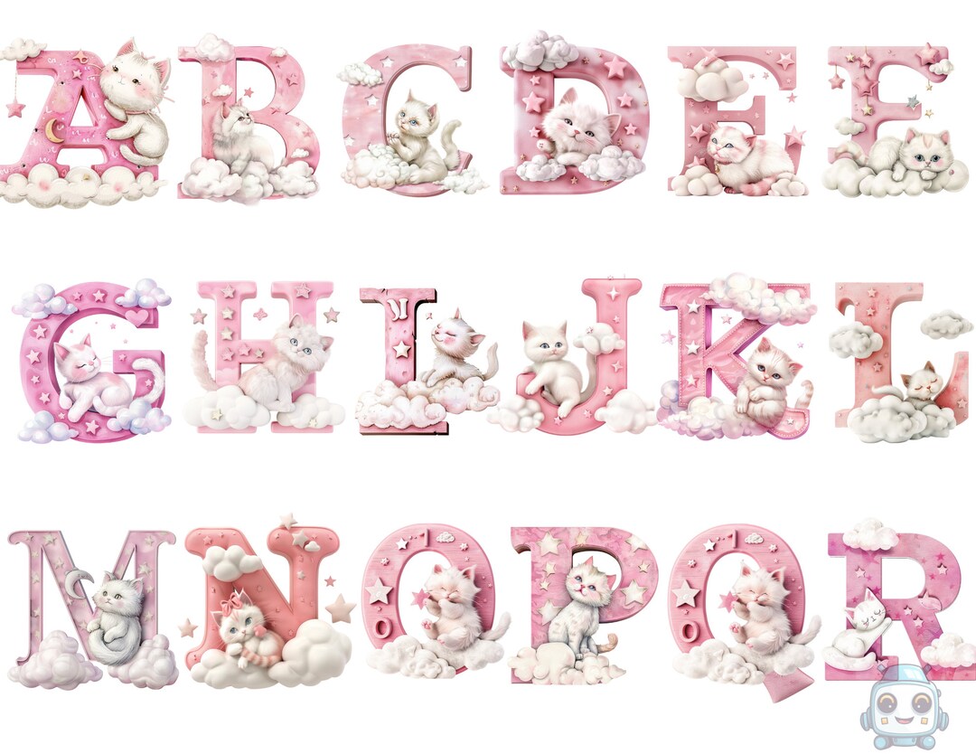 Pink Baby Cat Alphabet Clipart, PNG Individual Images on Transparent ...