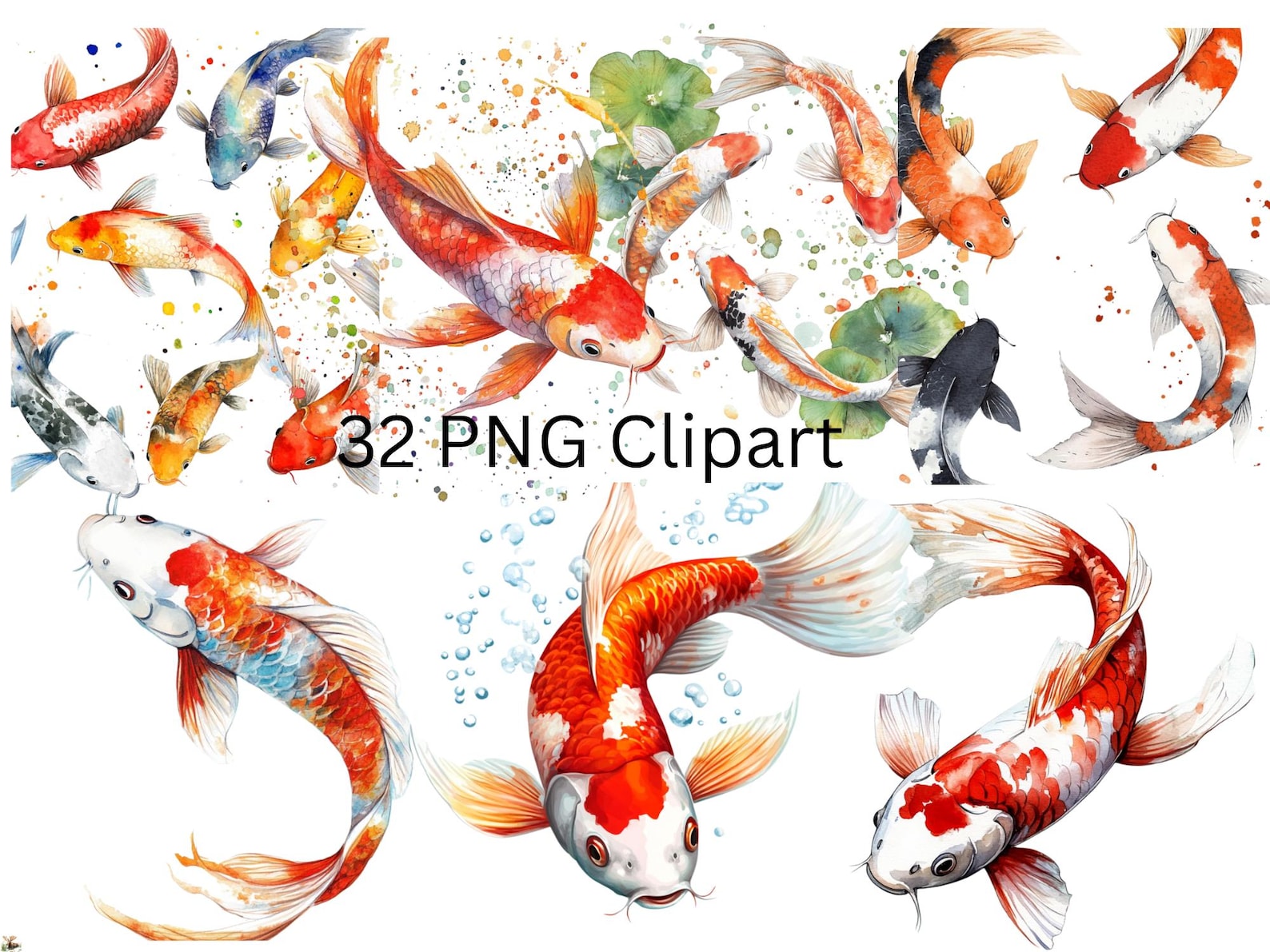 32 Koi Fish Watercolor Clipart, PNG Digital Files on Transparent ...