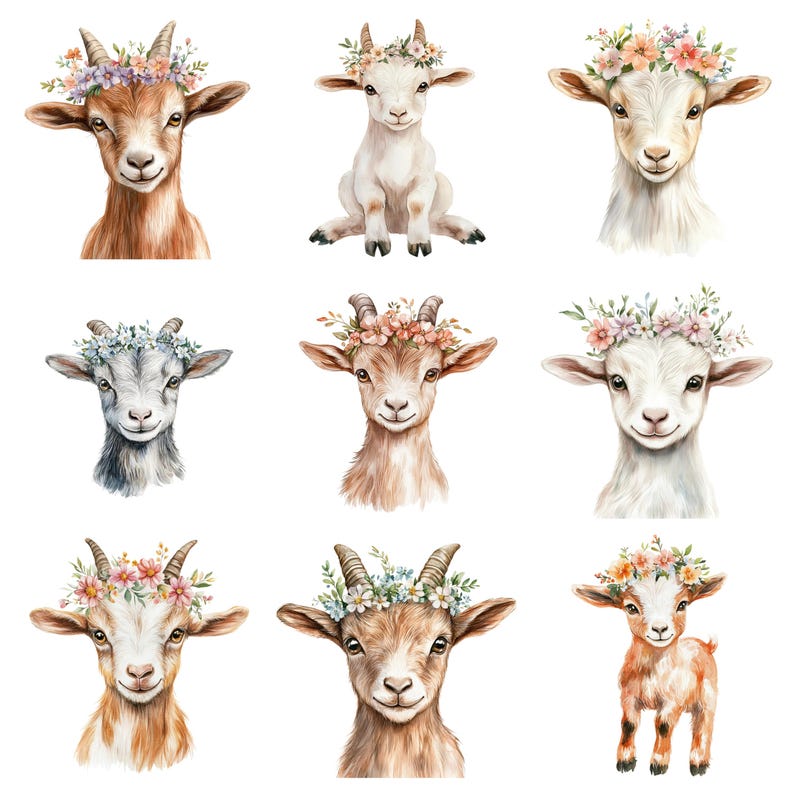 Floral Goat Clipart Collection - 26 Cute Baby Goat PNG Illustrations ...