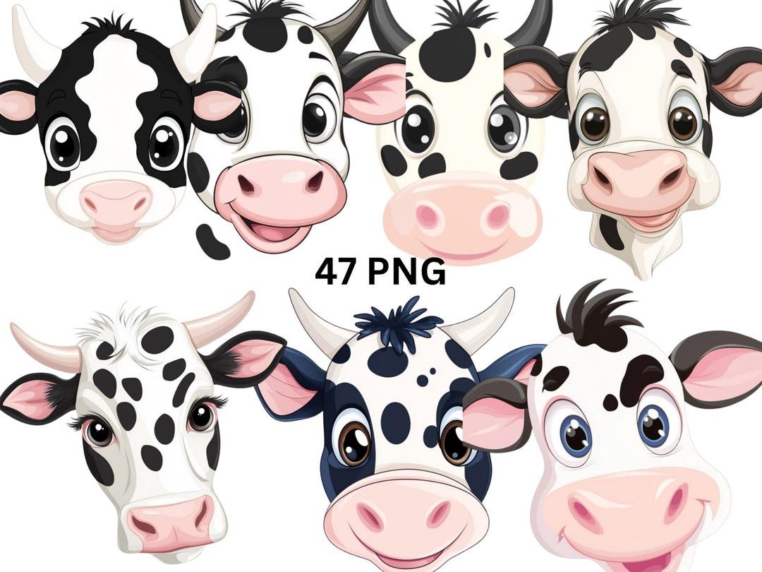Cute Cow Clipart Set – 47 PNG, Kawaii Cow Faces, Farm Animal Stickers ...