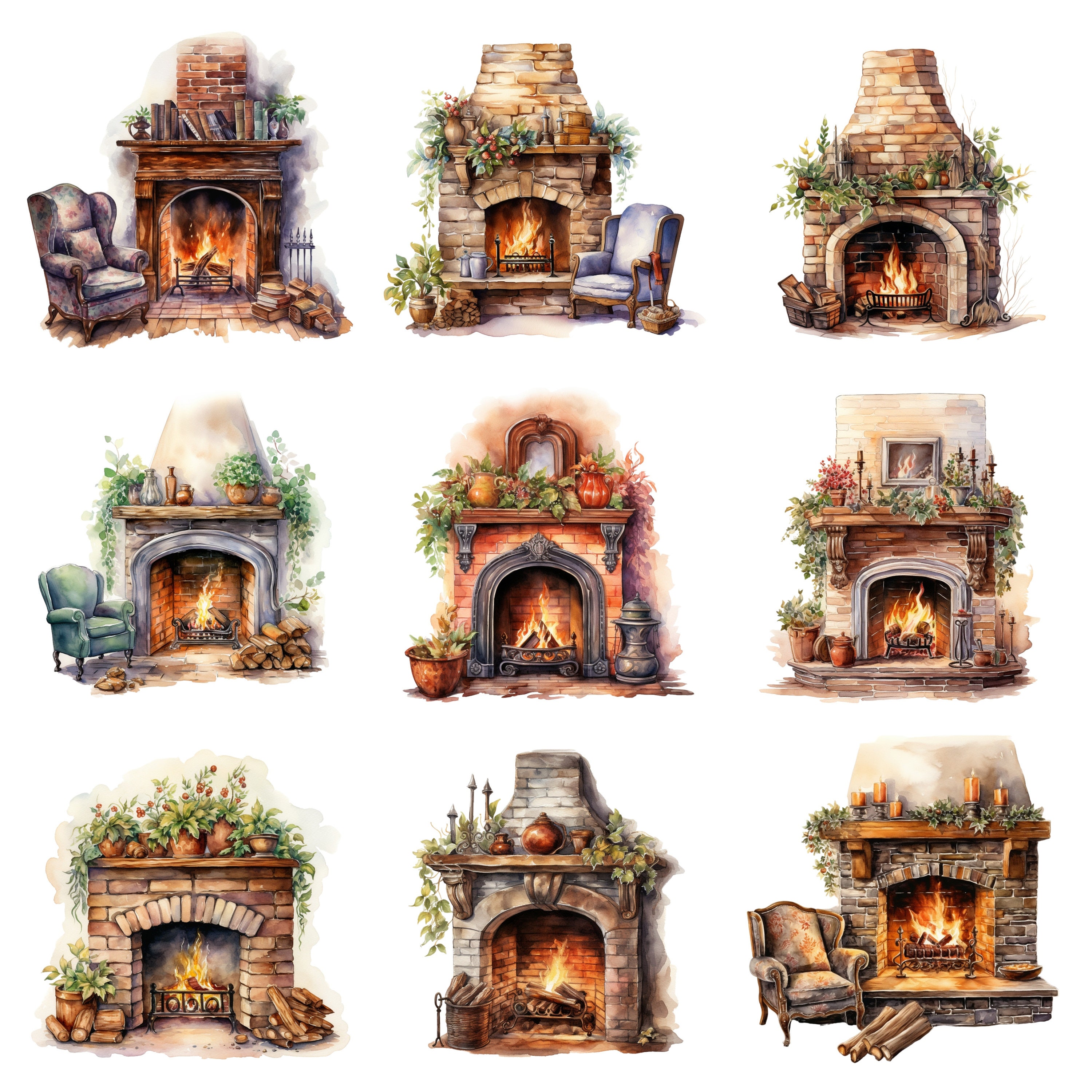 Watercolor Fireplaces Clipart, PNG Digital Files on Transparent ...