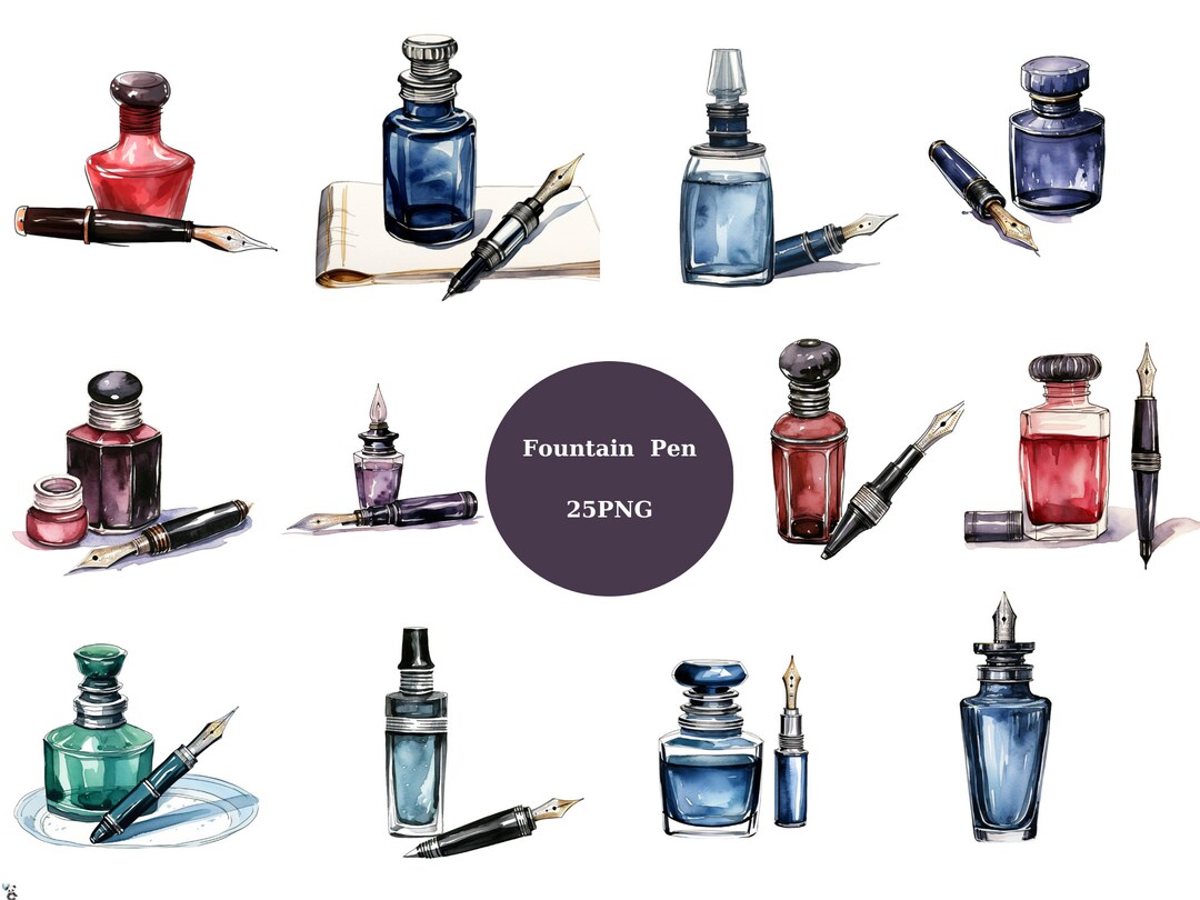 25 Fountain Pens Watercolor Clipart, Pens Clipart, PNG Individual ...