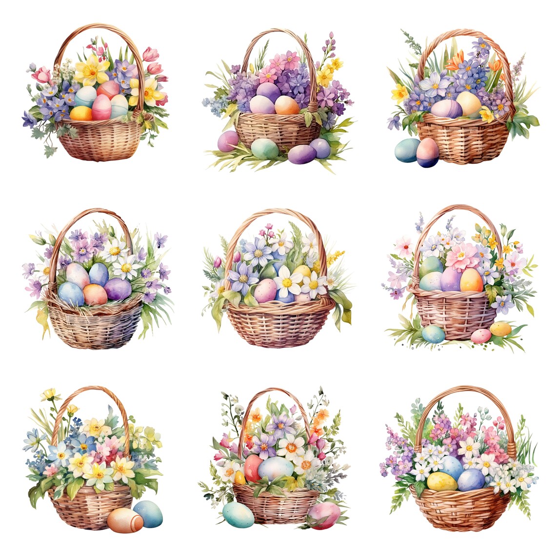 32 Easter Baskets Watercolor Clipart, Easter Clipart, PNG Individual ...