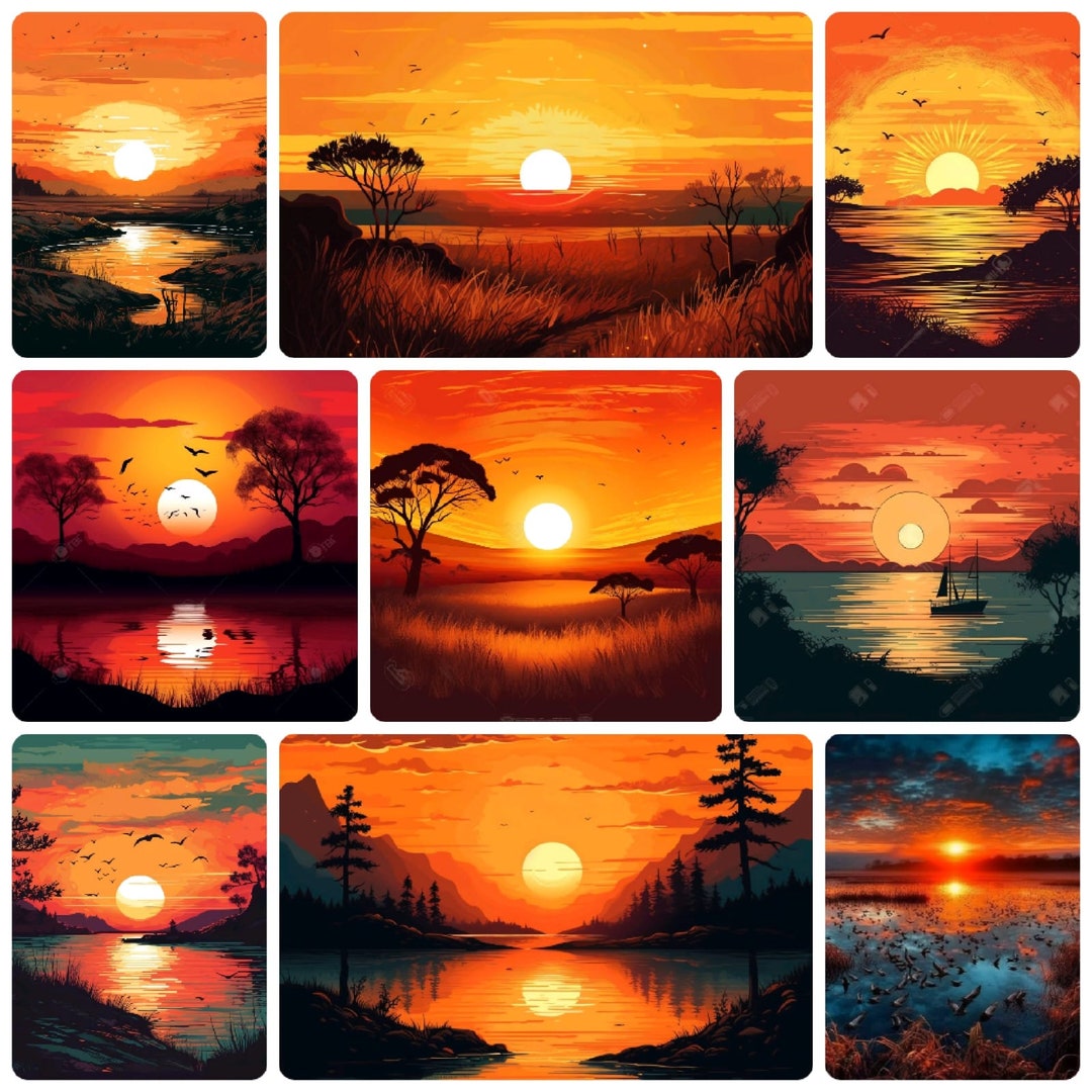 23 Sunrise Sunset Portraits PNG Files, Half Watercolour, Illustration ...