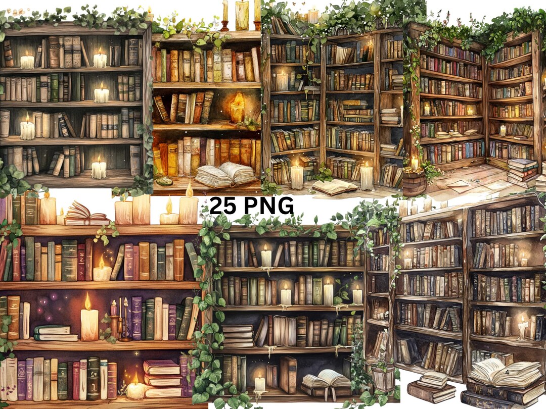 25 Antique Libraries Watercolor Clipart, PNG Individual Images on ...