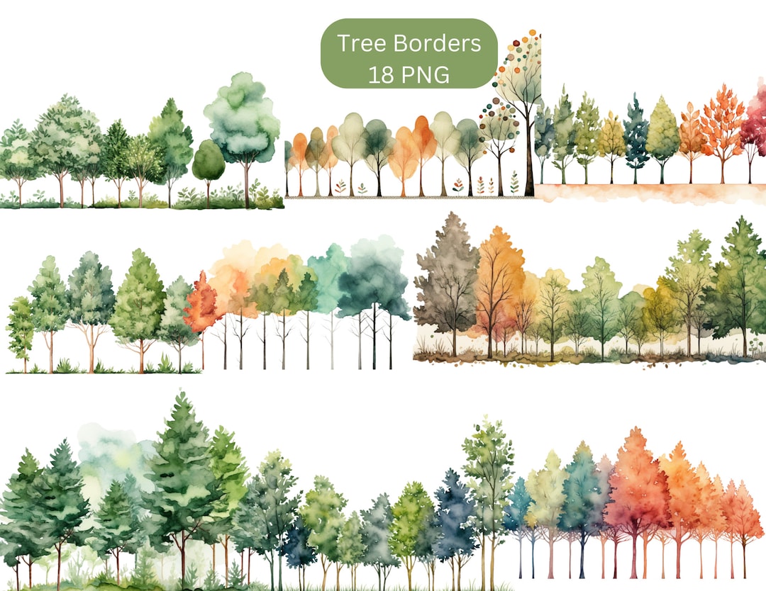 Watercolor Tree Borders Clipart, PNG Digital Files on Transparent ...