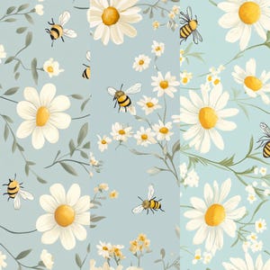 Bee and Daisy Digital Paper – Blue Floral Spring Backgrounds, Cute ...