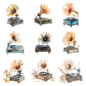 Vintage Gramophone Clipart Set, 39 PNG Watercolor Illustrations, PNG ...