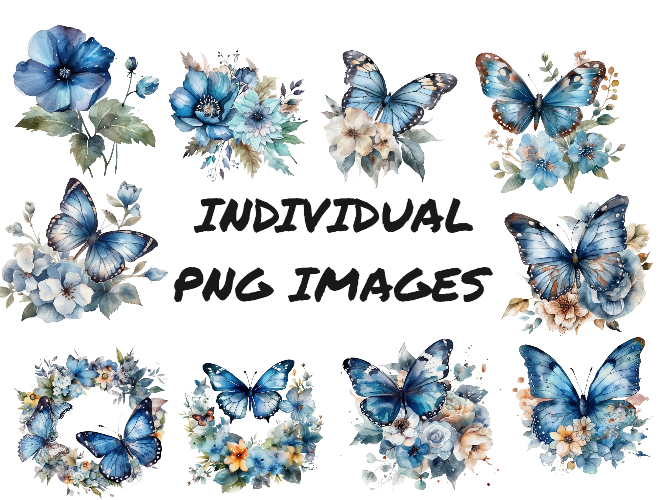 Watercolor Blue Butterfly Floral Clipart PNG Digital Files - Etsy