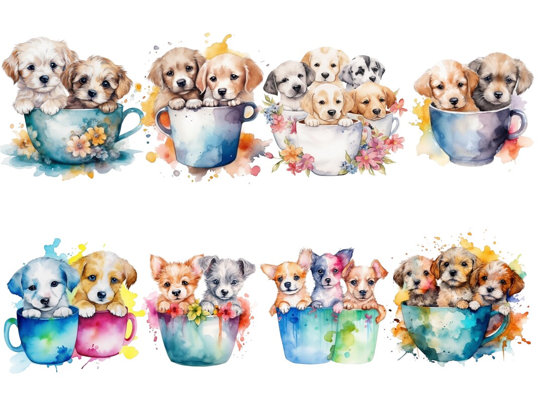 Watercolor Puppies in Cups Clipart, PNG Digital Images, Transparent ...