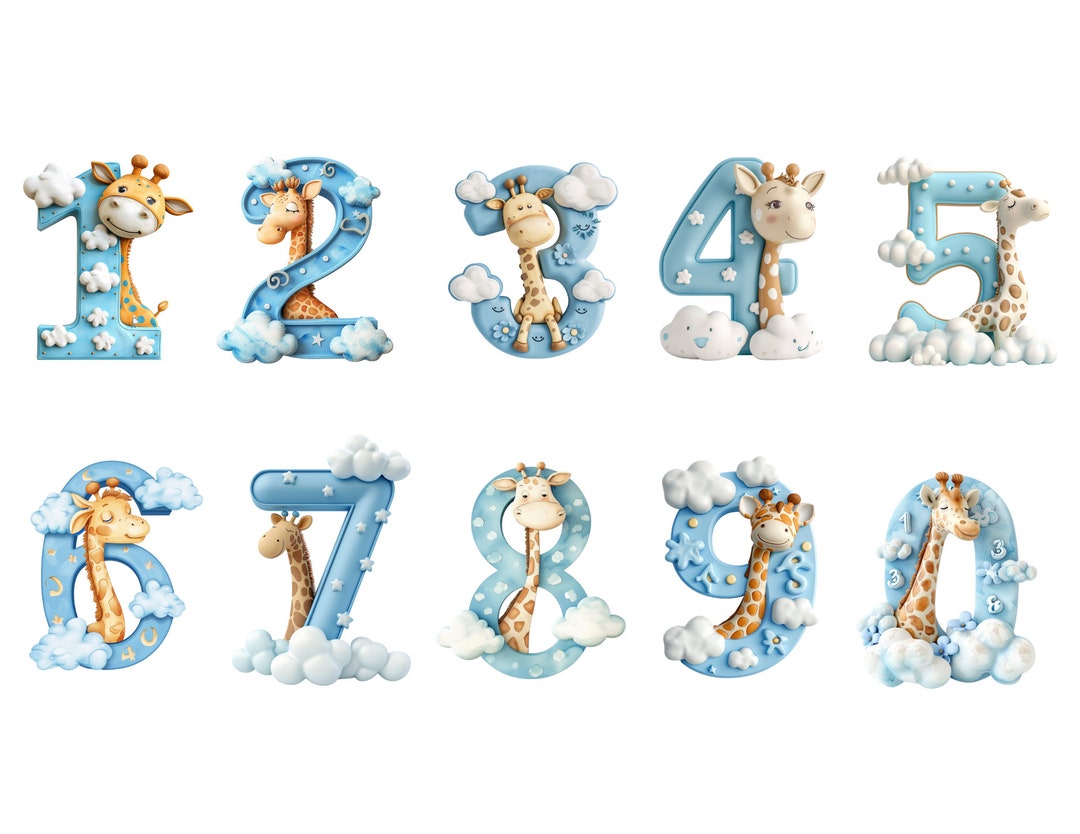 Watercolor Blue Giraffe Numbers Clipart, PNG Individual Images on ...