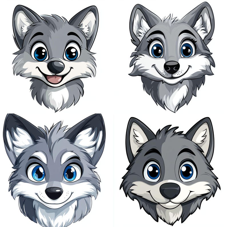 Cute Wolf Clipart Set – Cartoon Wolf Faces PNG, Baby Forest Animal ...