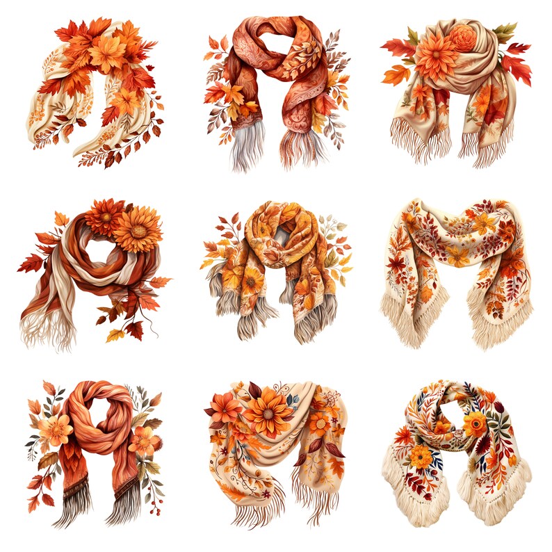 Embroidered Fall Scarfs Clipart, PNG Digital Files on a Transparent ...